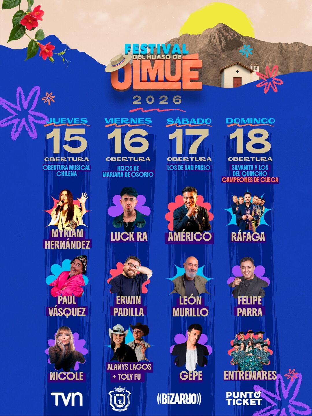 La parrilla del Festival del Huaso de Olmué 2026 con los artistas por día
