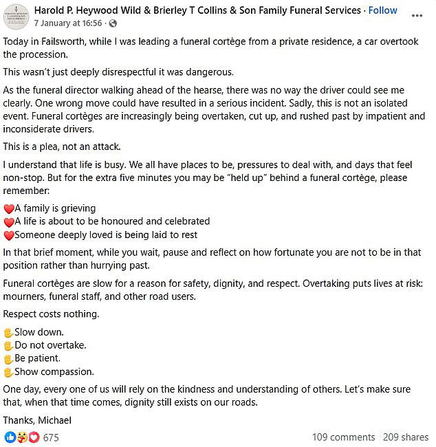 My father's funeral was ruined by a driver who overtook the hearse and ...