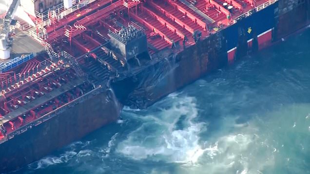 First aerial video shows massive hole left in oil tanker after North ...
