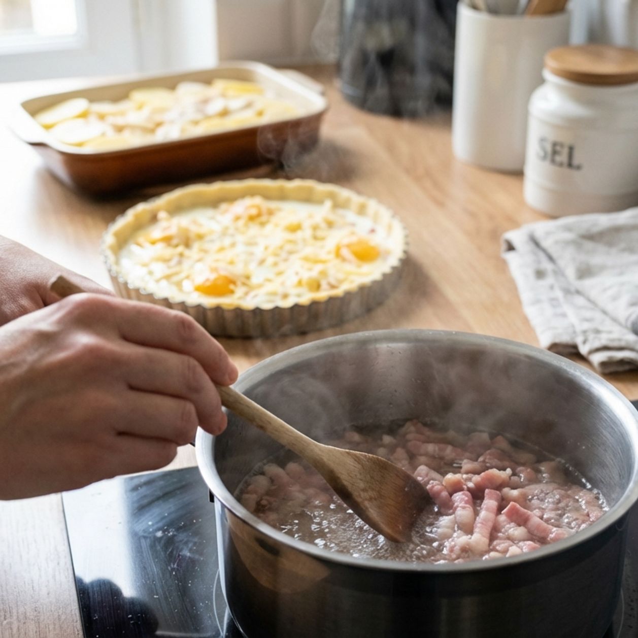 Personne ne devrait zapper cette étape avec les lardons pour une quiche ...