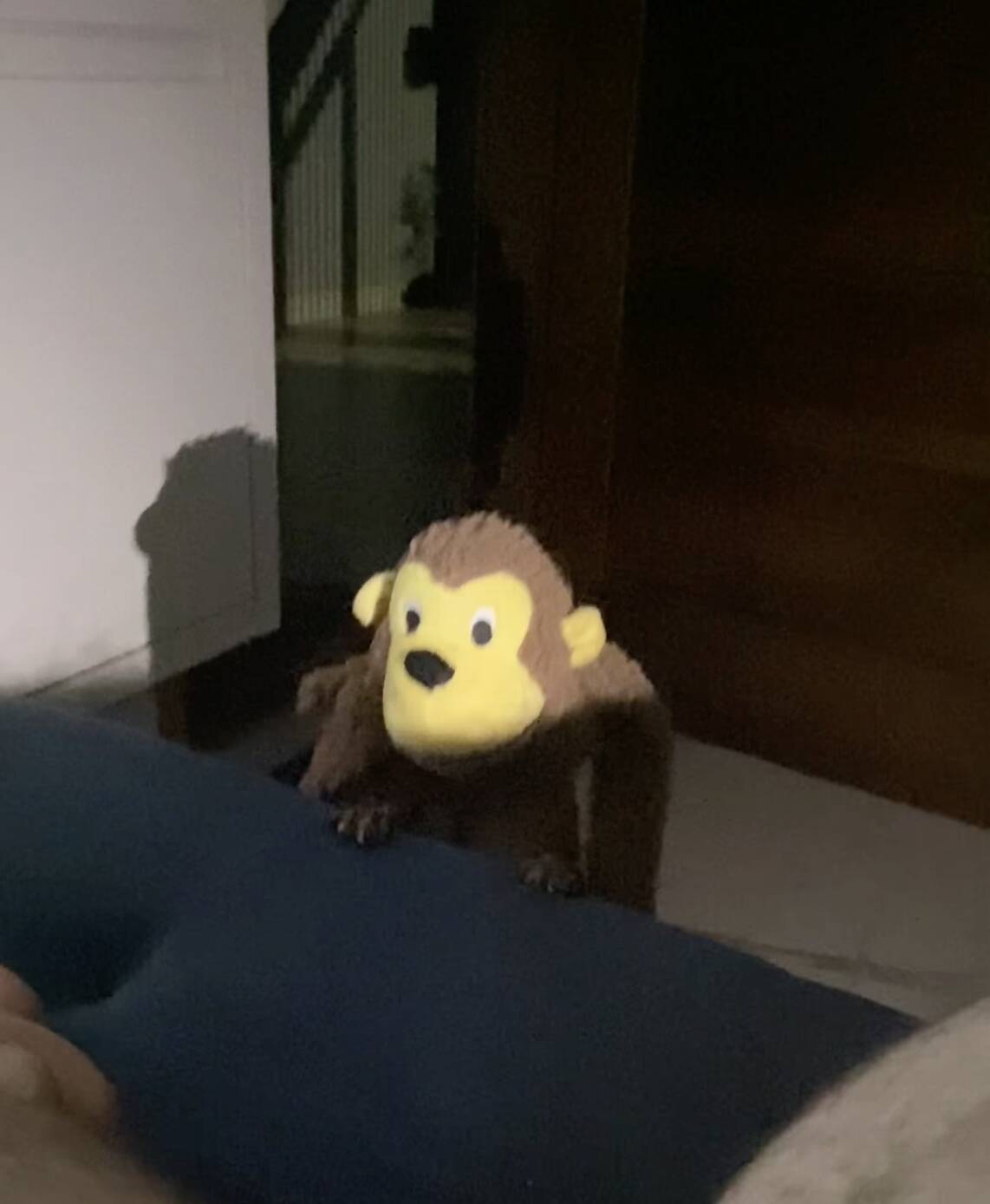 Man lying in bed jolts with fear as stuffed monkey suddenly comes to life