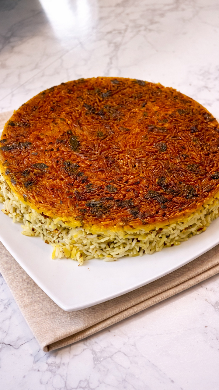 Making vegan sabzi polo with golden tahdig