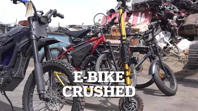 Footage shows dozens of seized e-bikes and scooters being crushed