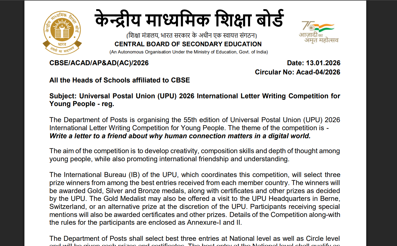 CBSE invites schools to join UPU 2026 international letter writing ...
