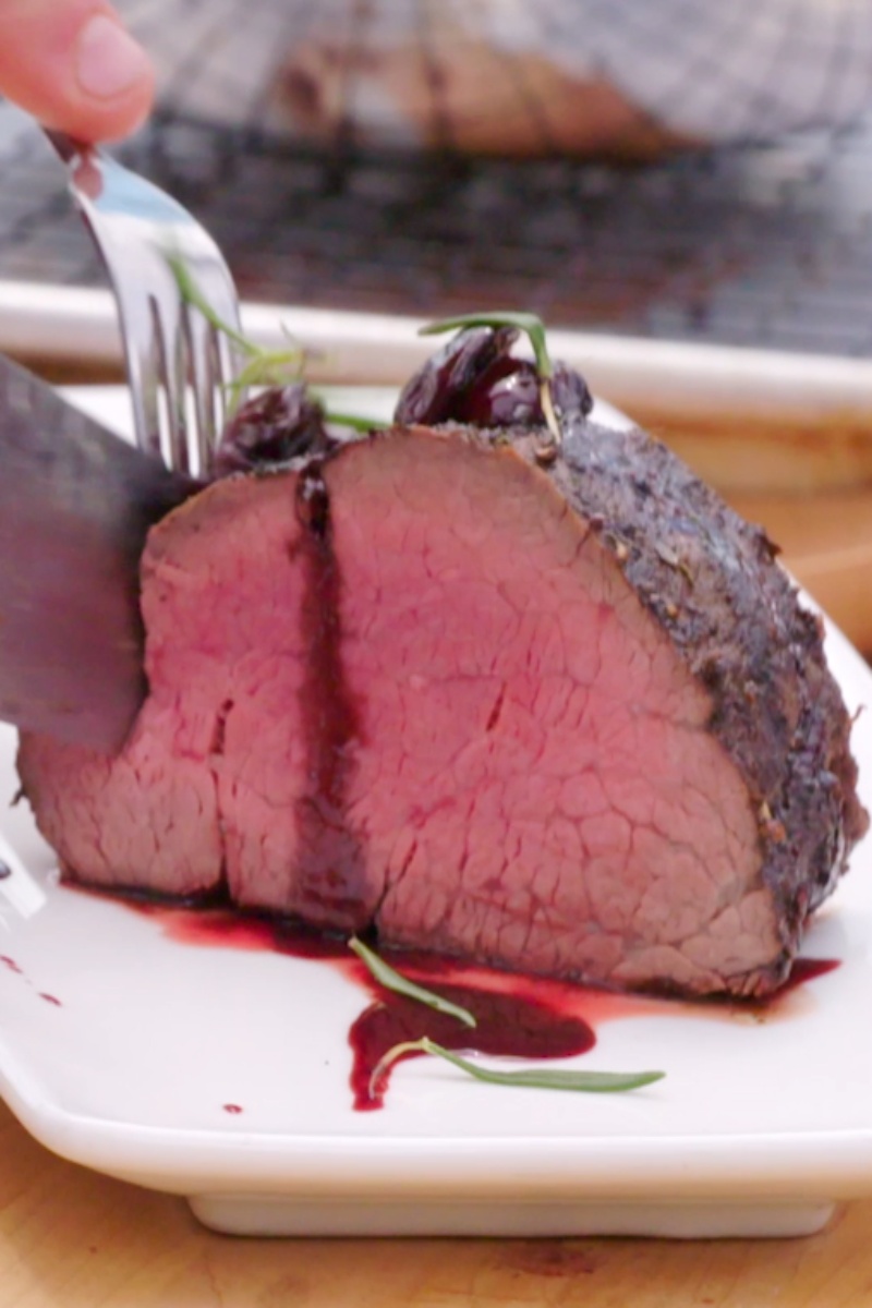 Grilled beef tenderloin with peppercorns, rosemary, and cherry