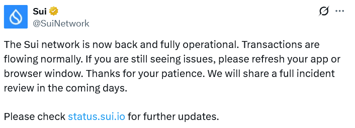 Sui back online after 6-hour outage that halted transactions