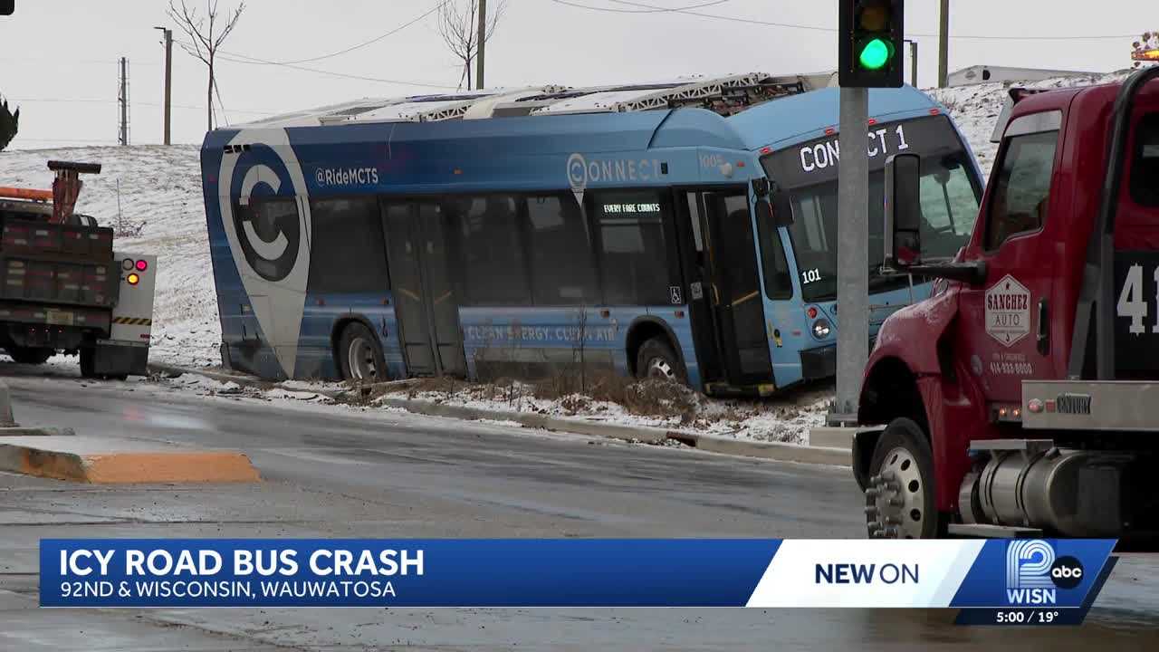 MCTS bus slides on icy street, crashes into two parked cars in Wauwatosa