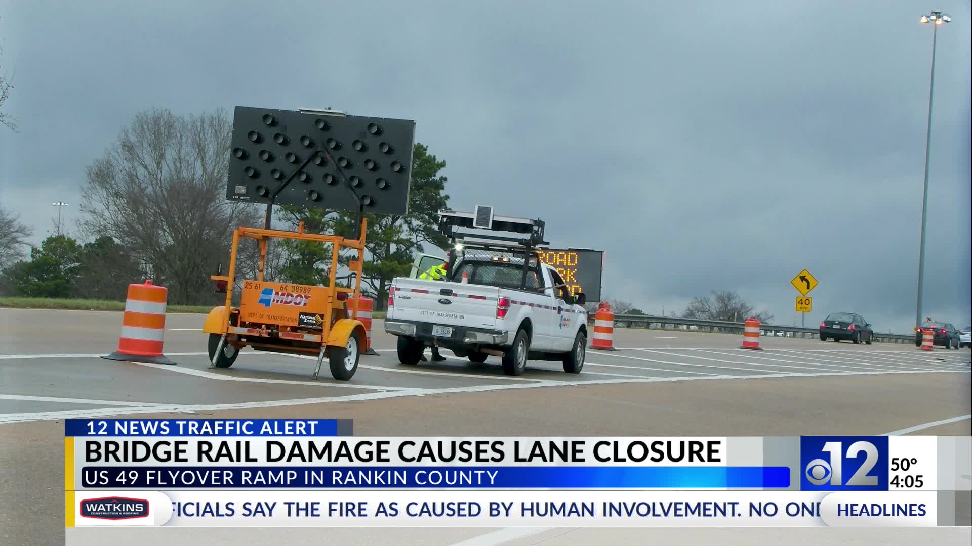 Bridge rail damage causes lane closure on US 49 flyover ramp