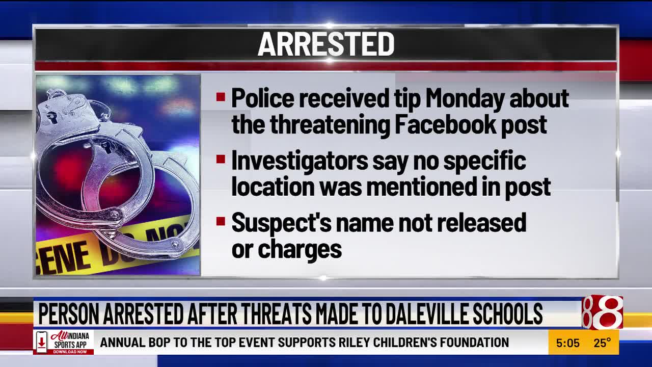 Person arrested after threats made to Daleville, Indiana, schools