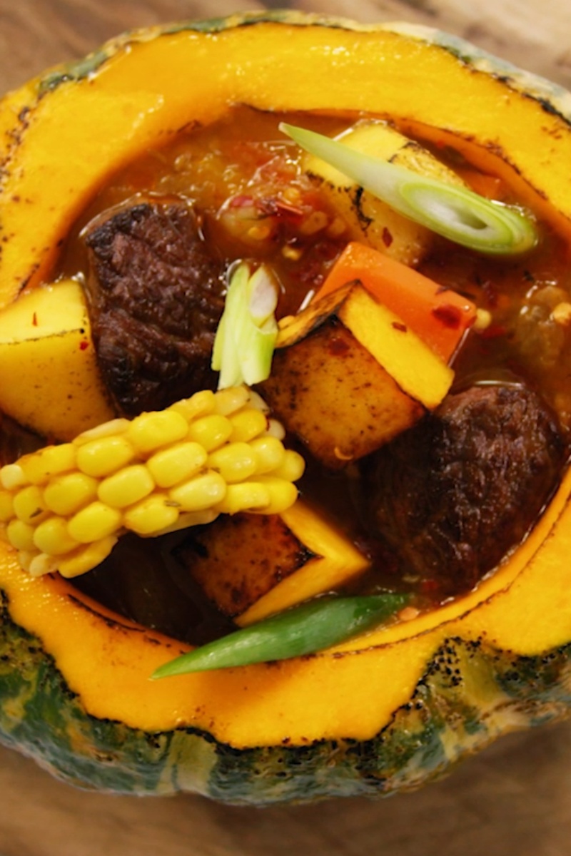 Braised beef stew with peaches and caramelized depth