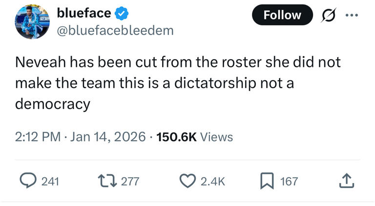 Blueface says Neveah Akira was 'cut from the roster': 'This is a ...