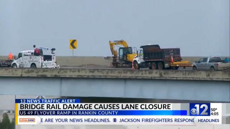 Bridge rail damage causes lane closure on US 49 flyover ramp