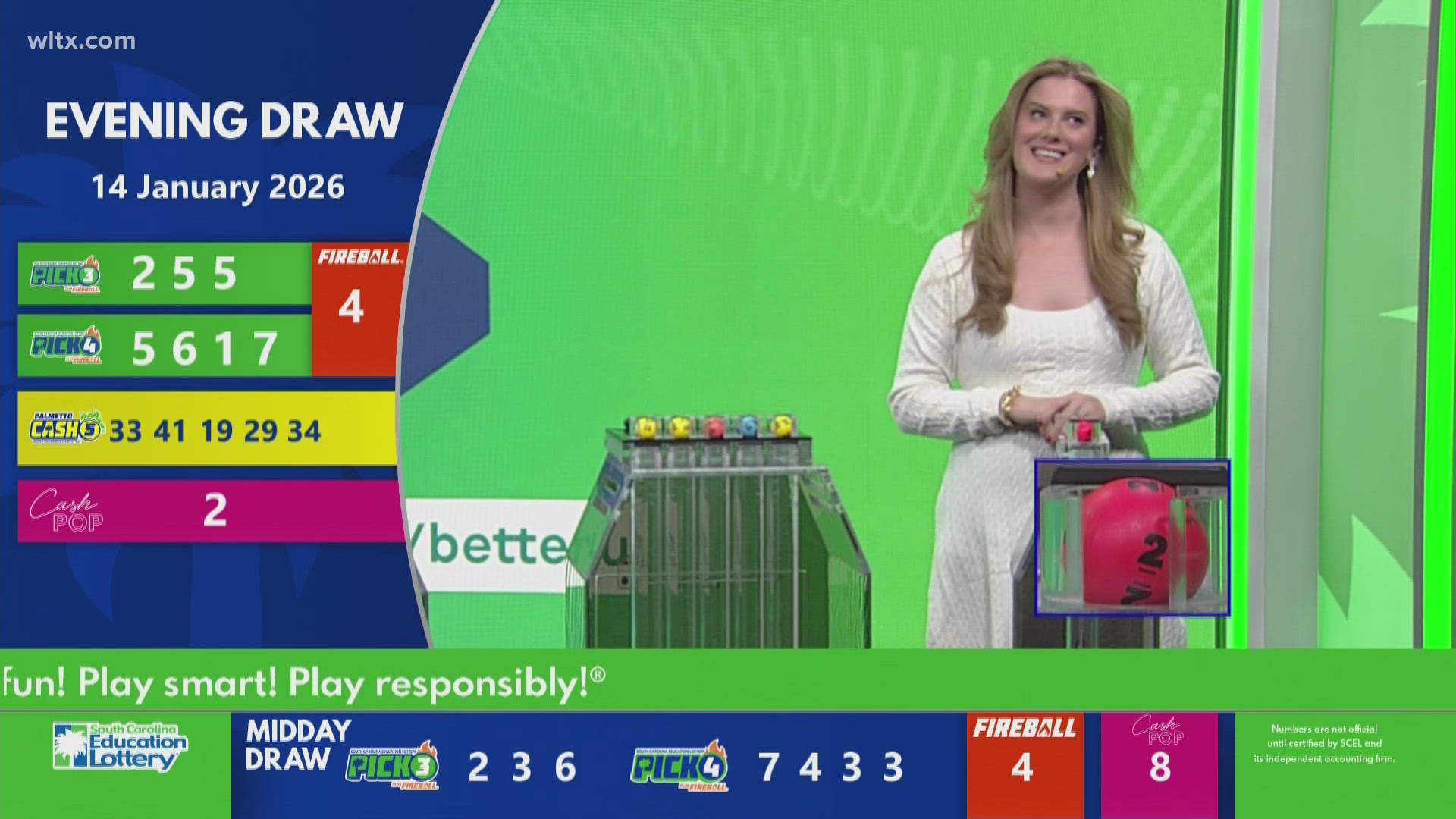 Evening SC winning lottery numbers for January 14, 2026