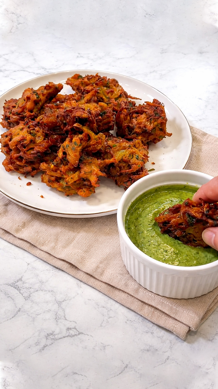 Cooking vegan onion bhajis with spices