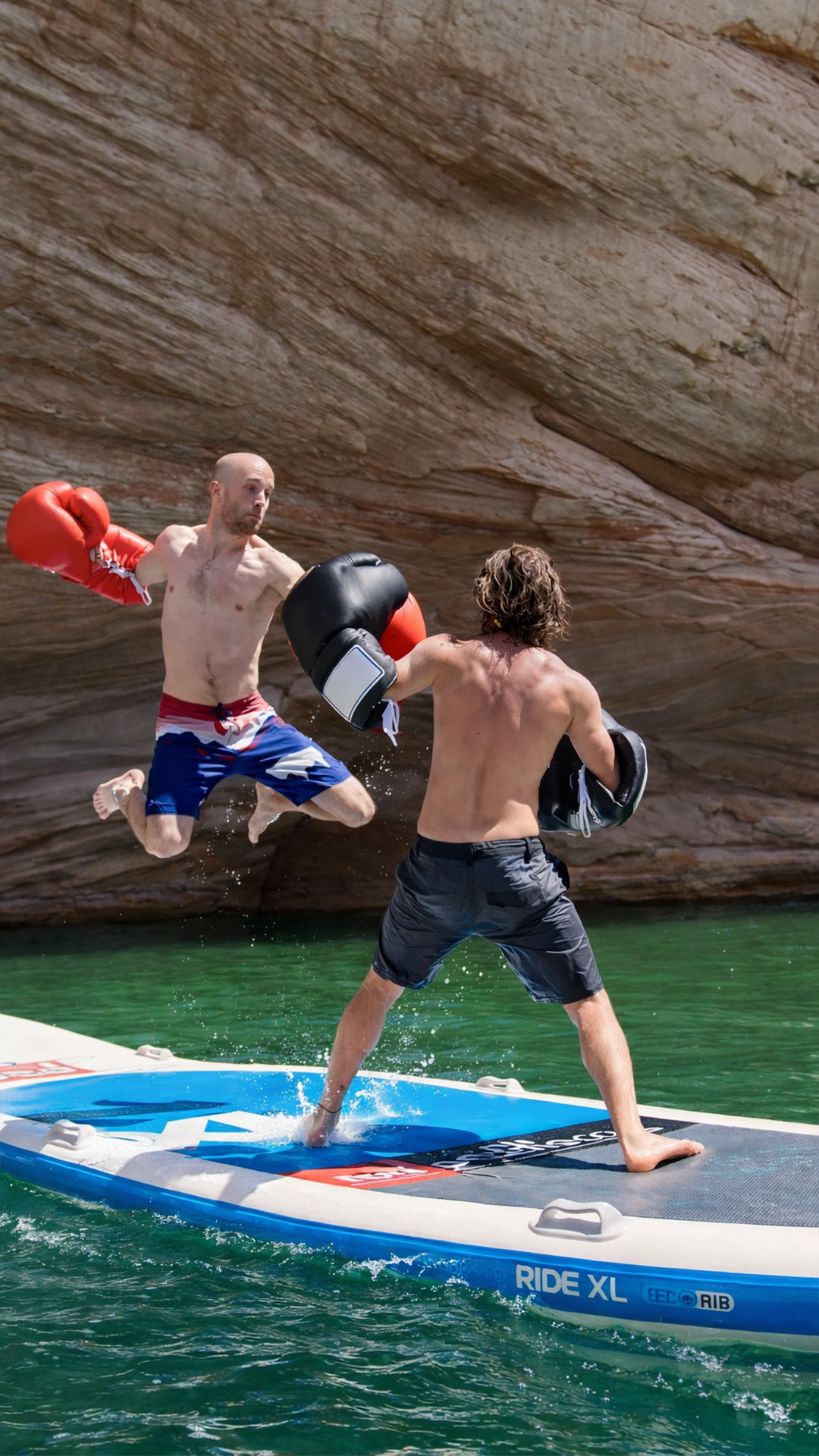 Boxing on a floating board at sea