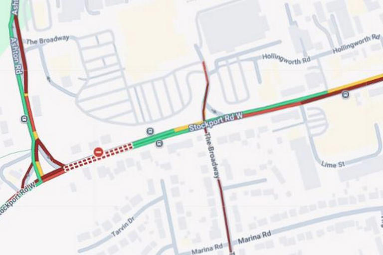 Heavy traffic and delays in Stockport after three-vehicle crash on busy ...