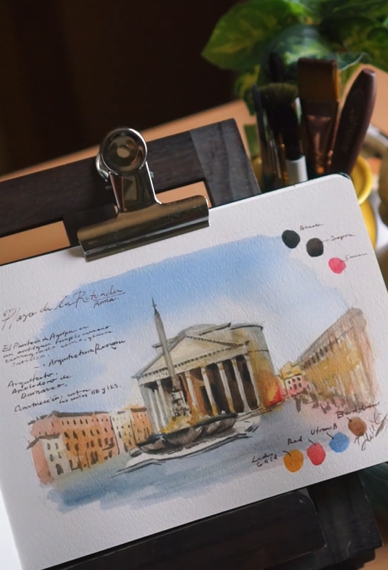 Panteón de Roma en acuarela: arte y arquitectura paso a paso