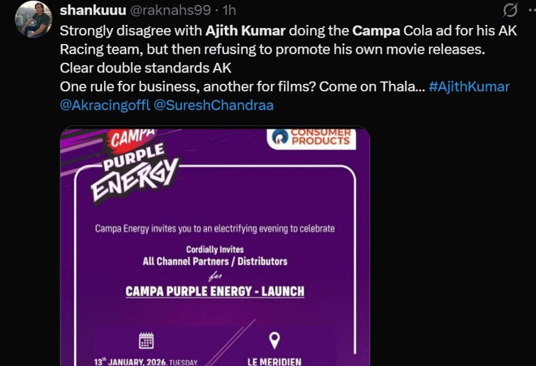 Ajith Kumar's beverage ad contradicts no film promotion policy, says ...