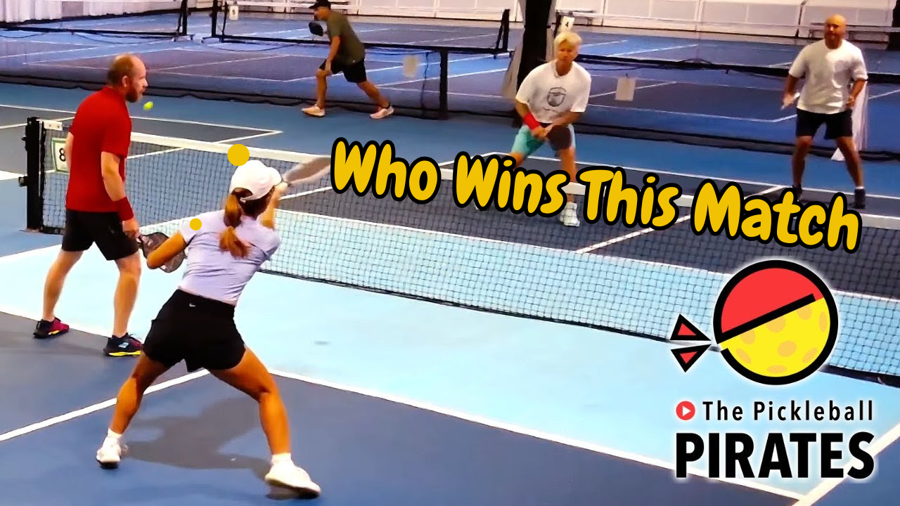 Competitive advanced senior mixed vs men’s pickleball action