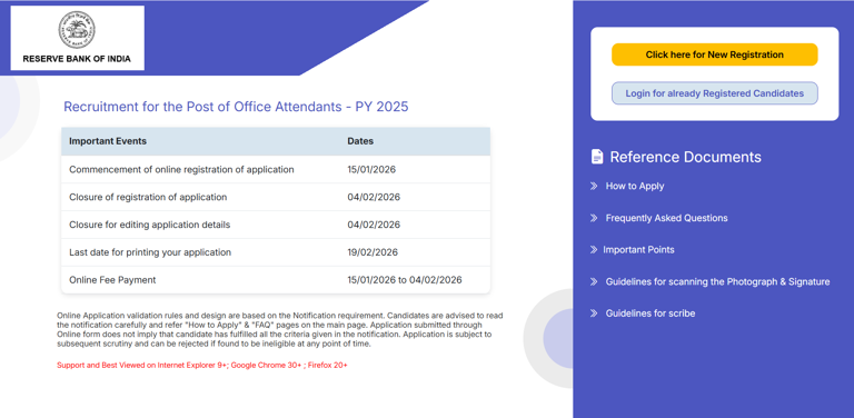 RBI office attendant recruitment 2026: Registration window opens for ...