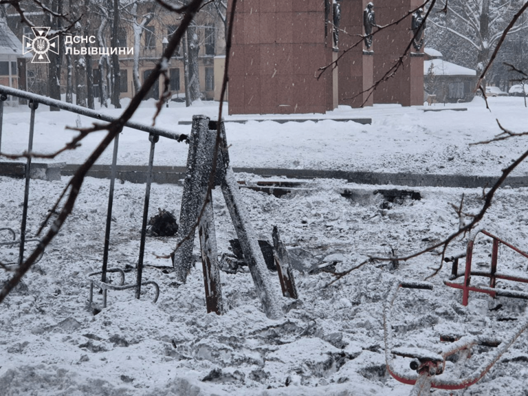 Rescuers show site of Russian Shahed drone strike in Lviv