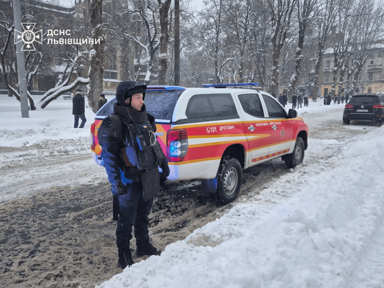 Rescuers show site of Russian Shahed drone strike in Lviv