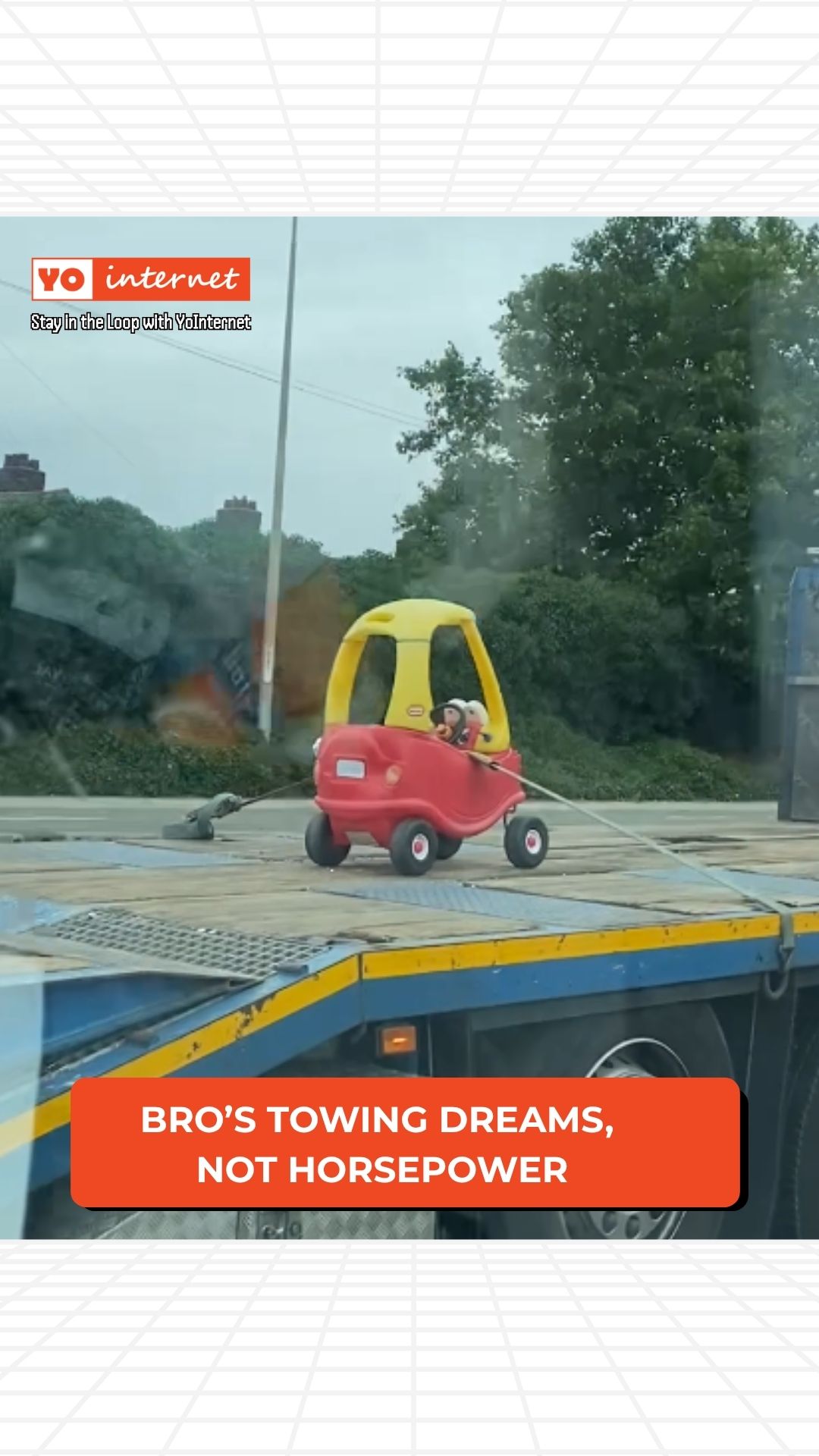 Lone toy car riding on truck bed leaves driver laughing