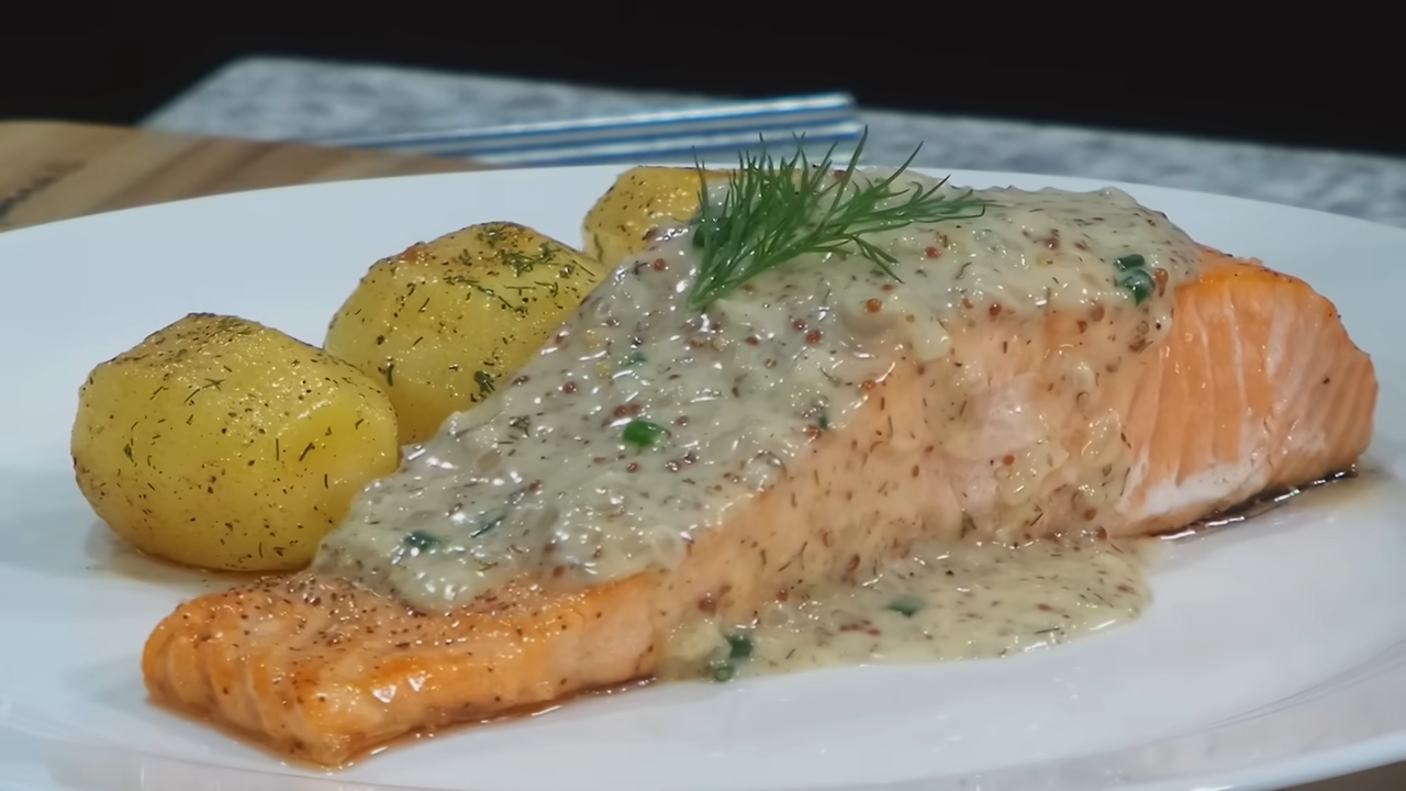 Perfectly cooked king salmon with a tangy mustard twist