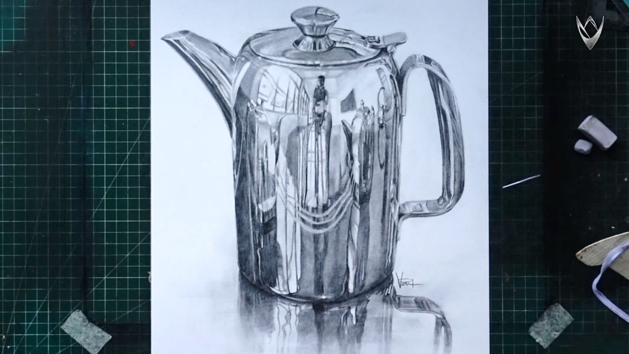 Realistic stainless teapot sketch mechanical pencil shading secrets