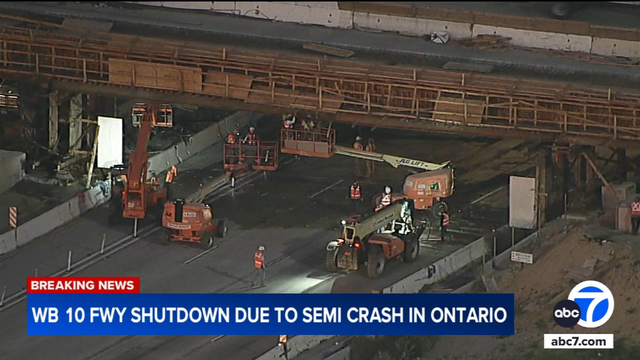 1 killed when semi pulling excavator slams into overpass above 10 Fwy ...