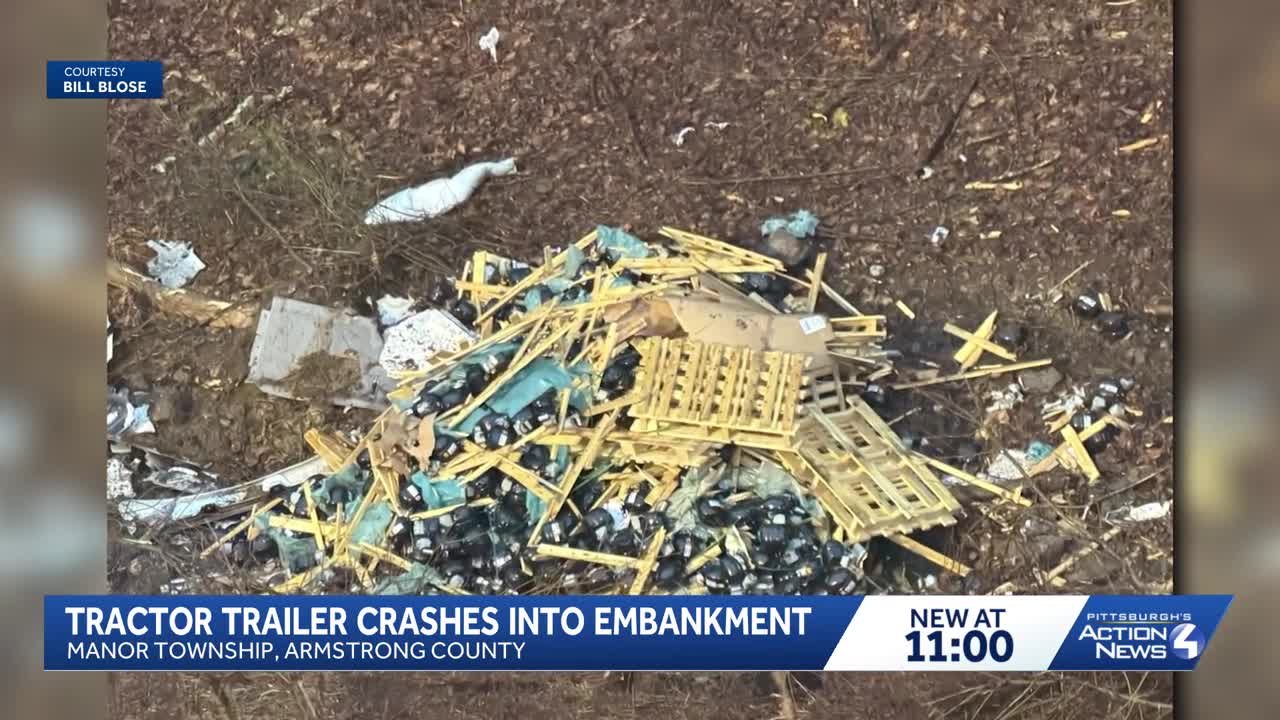 Tractor-trailer crashes nearly 40 feet over hillside in Armstrong County