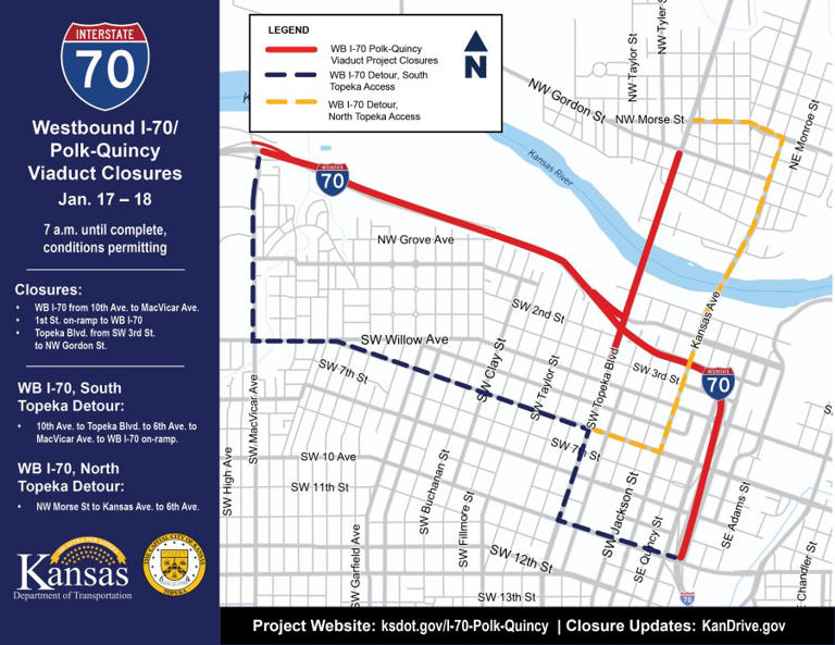 Westbound I-70 to shut down in Topeka Saturday and Sunday