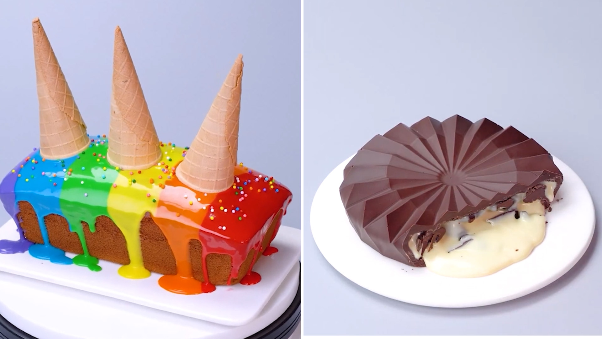 A rainbow cake next to a chocolate shell surprise