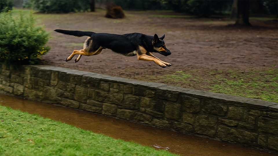 Dog flying over a ditch like Superman