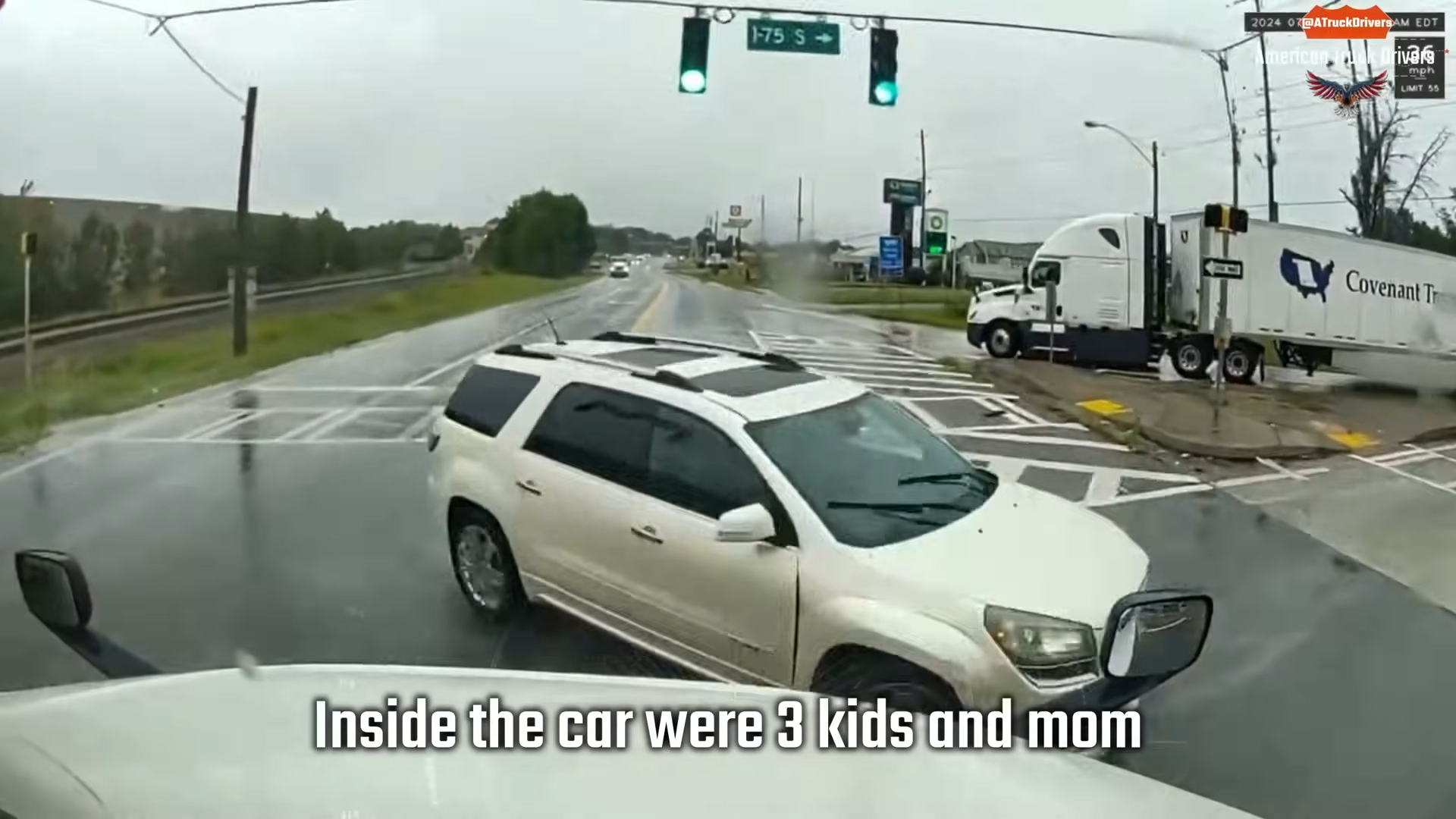 A mom with kids cut off a truck and almost paid for it