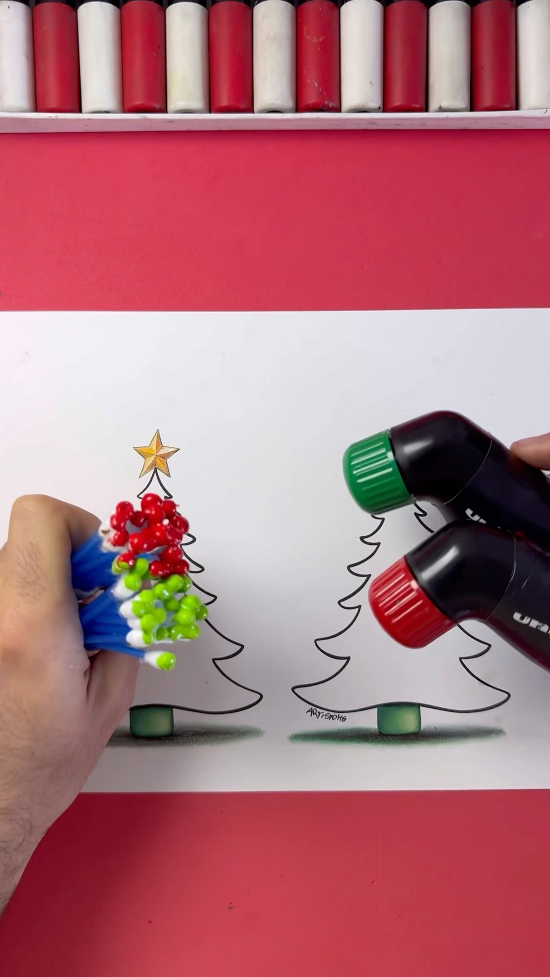 Simple Christmas tree art Q-Tips versus paint markers