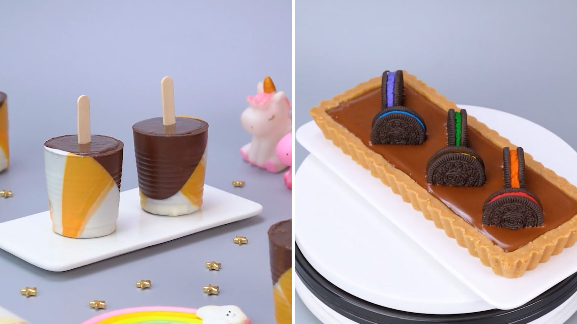 Layered chocolate pops and Oreo chocolate tart