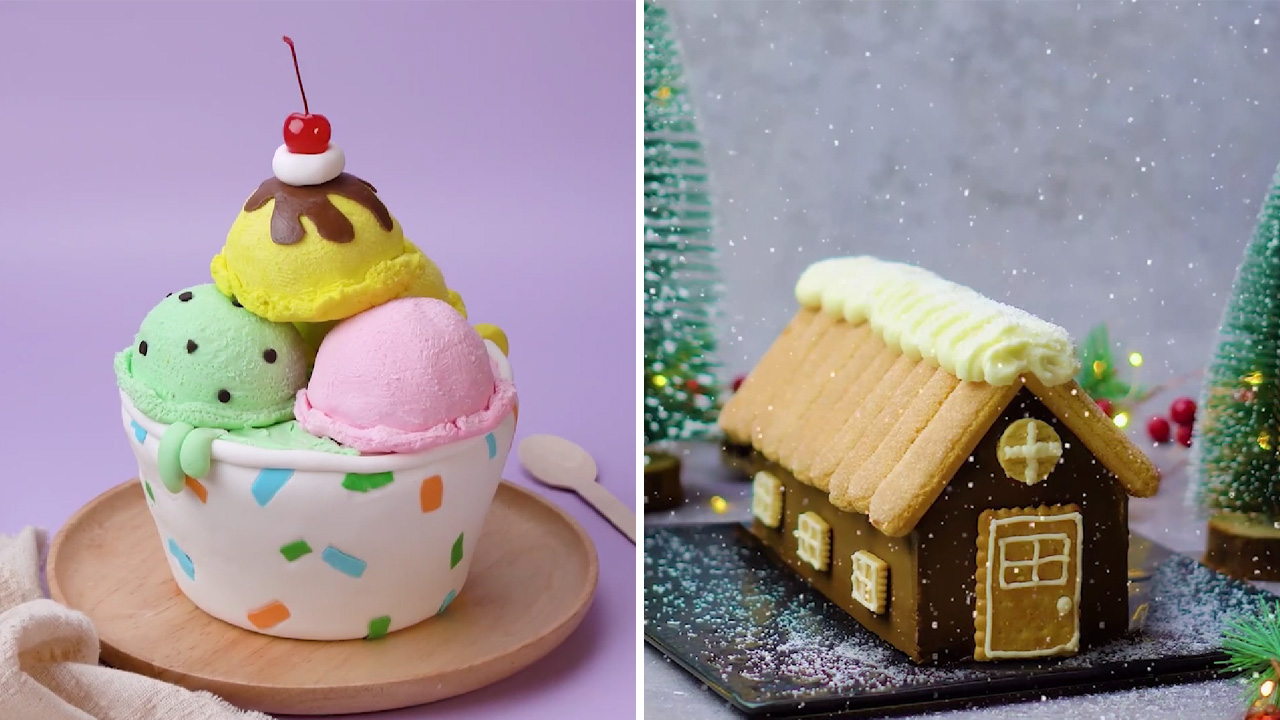 Colorful ice cream dessert and festive gingerbread house