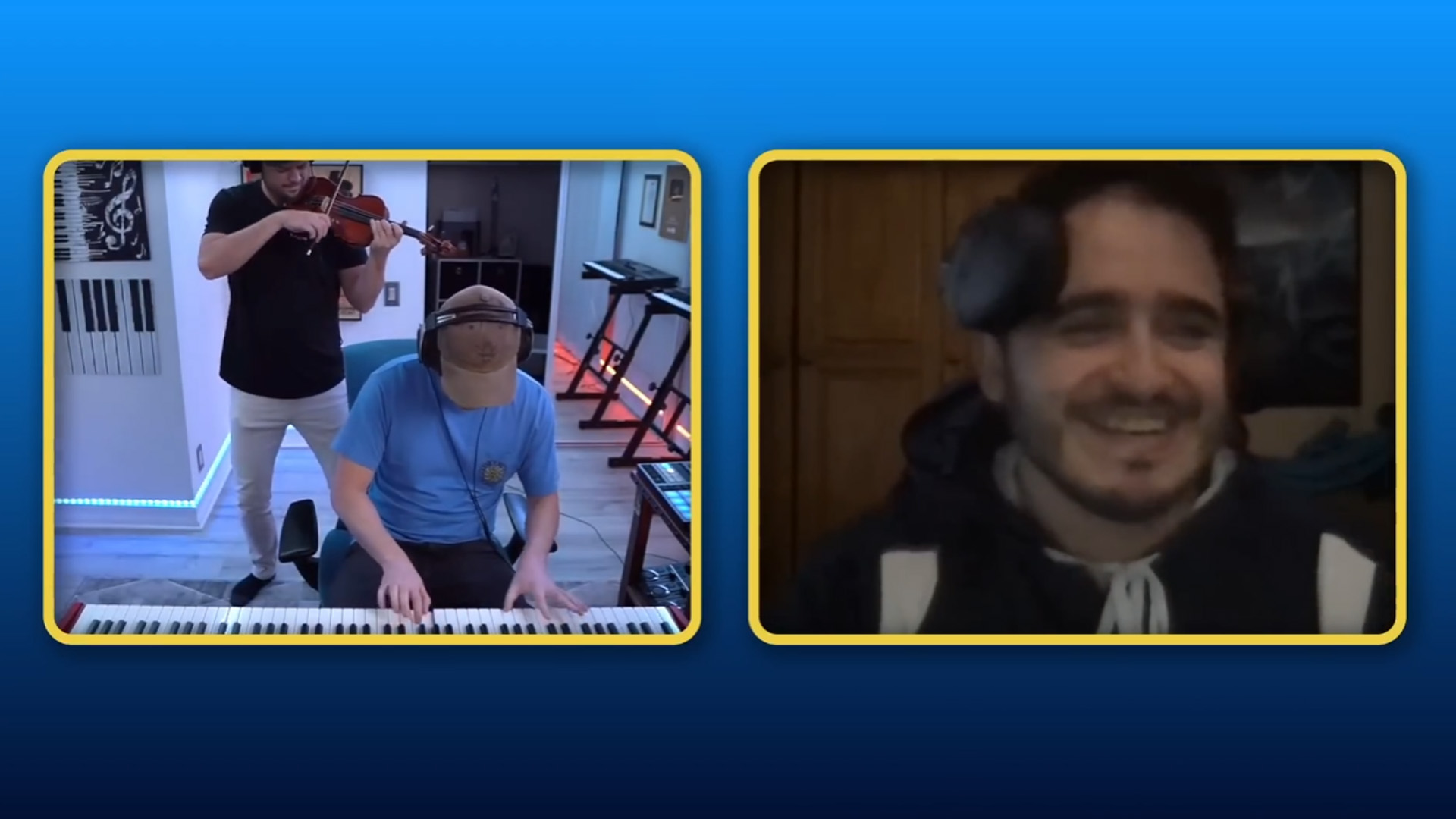 A musical duo performs audience selected songs