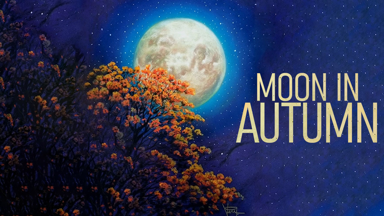 Soft pastel autumn night drawing with golden moonlight and depth