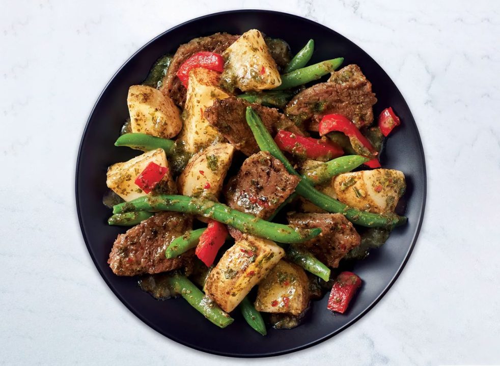 5 frozen TV dinners with full meat portions, not fillers