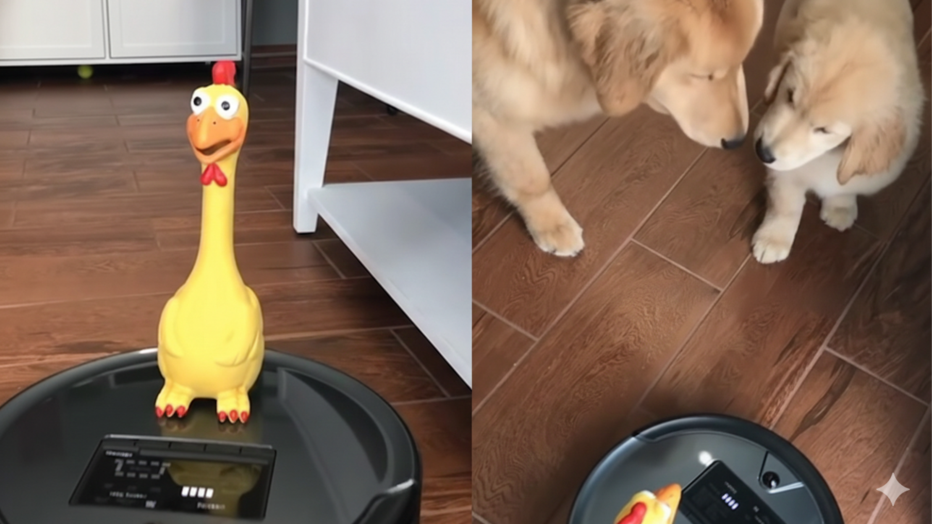 Dogs observe robot vacuum with serious faces