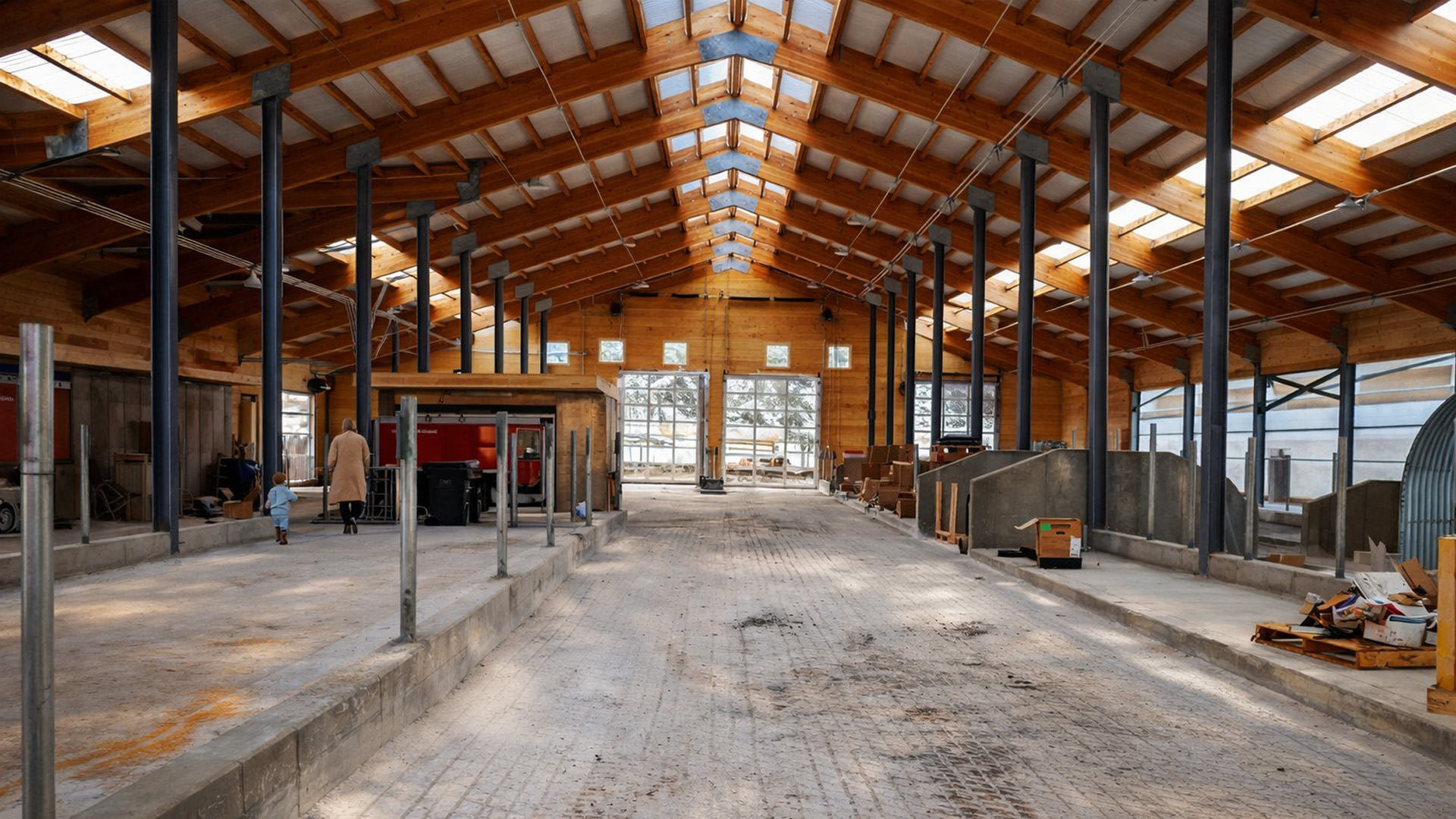 Inside our nearly finished dairy barn