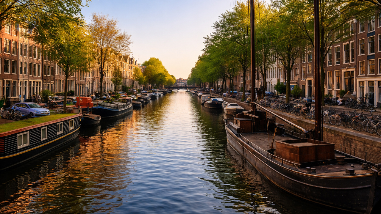 Golden reflections on Amsterdam’s calm canals