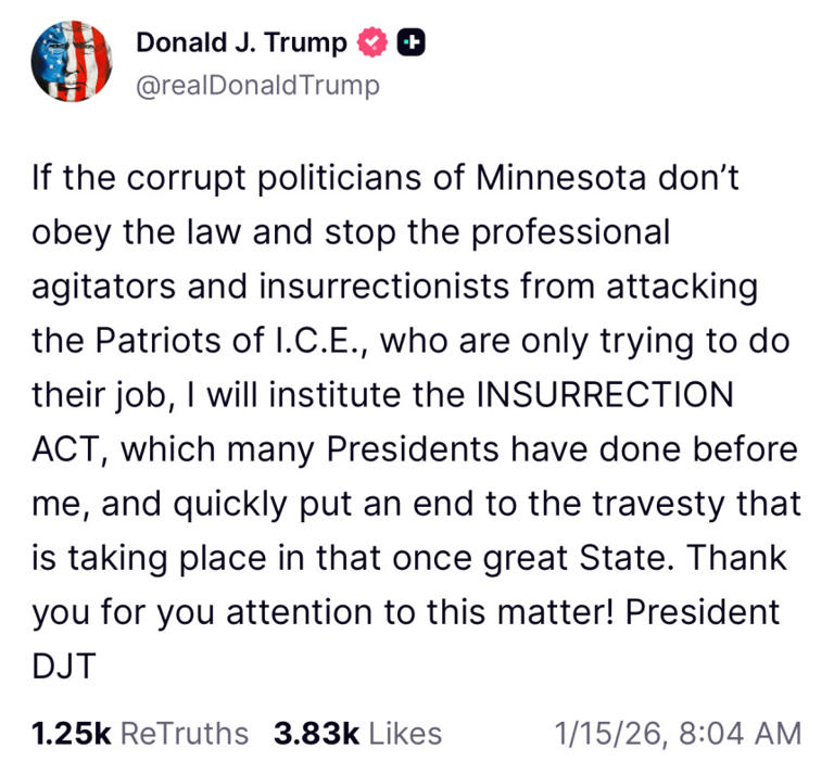 Trump threatens to invoke Insurrection Act against Minnesota