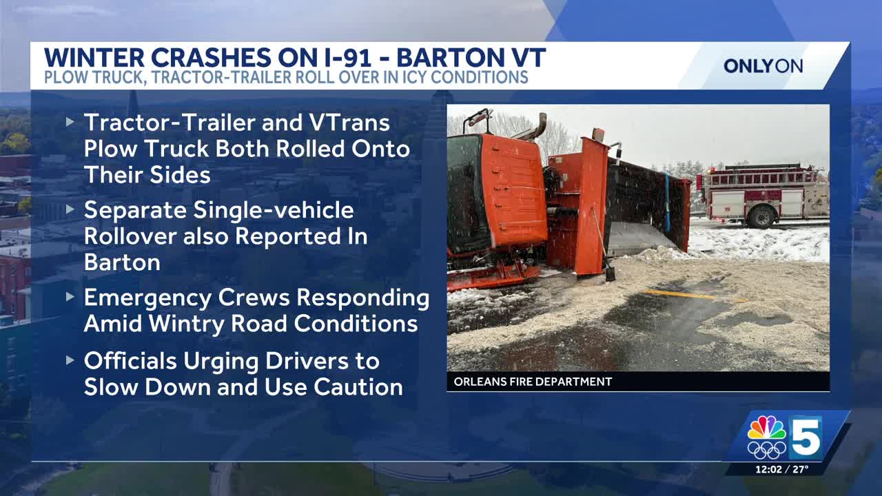 Crews respond after icy roads cause plow truck, tractor trailer to overturn