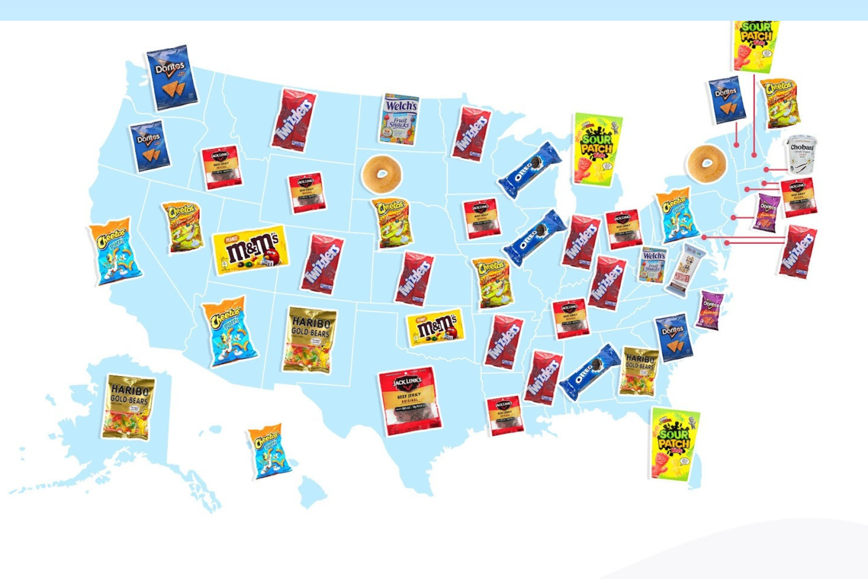 Map shows most popular US airport snacks