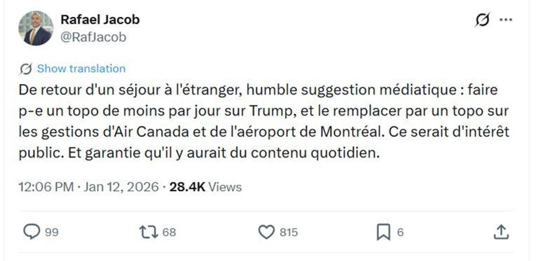 Rafael Jacob se vide le cœur sur Air Canada et l’aéroport de Montréal
