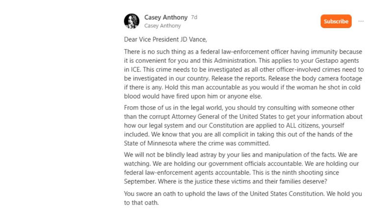 Casey Anthony slams Trump’s VP after ICE killing