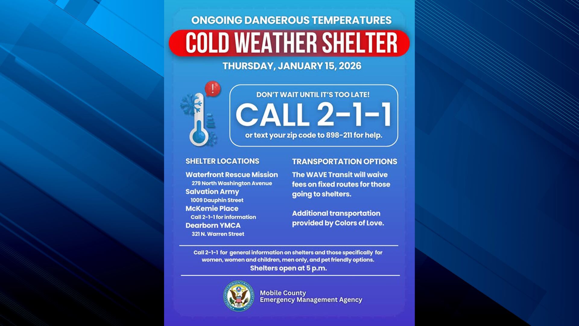 Cold weather shelters opening in Mobile, Baldwin counties